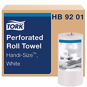Tork Handi-Size Perforated Paper Towel, White, Universal, 2-Ply, Case of 30 Rolls, 120 per Roll, 3,600 Towels