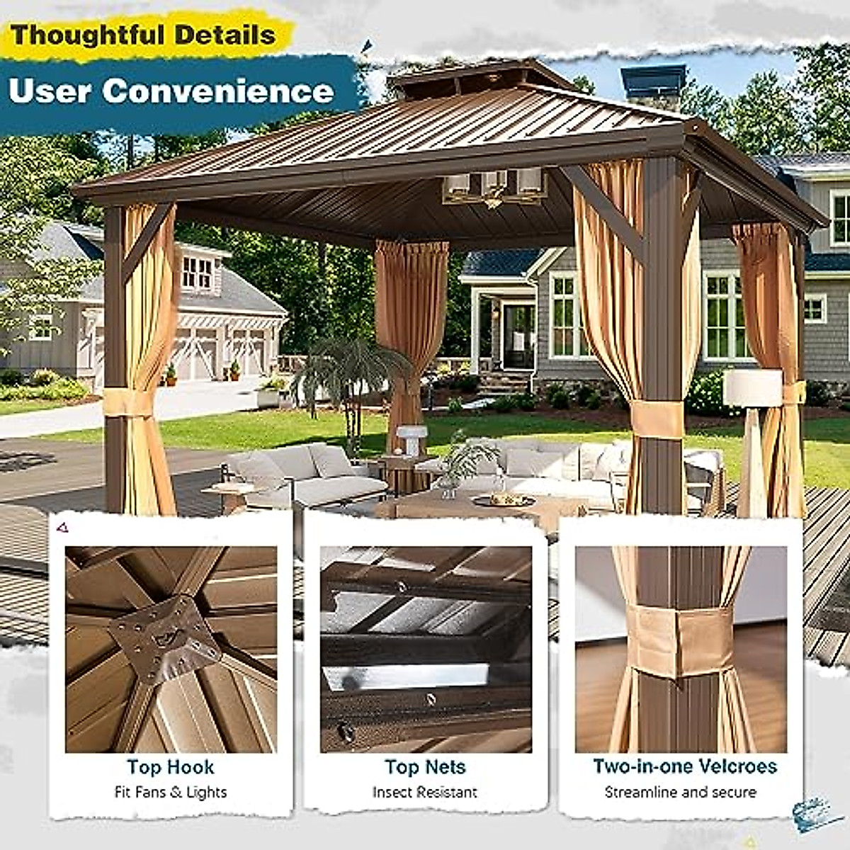 MELLCOM 12'x12' Hardtop Gazebo, Galvanized Steel Metal Double Roof Aluminum Gazebo with Curtain and Netting, Permanent Pavilion Gazebo for Patio, Lawn and Garden