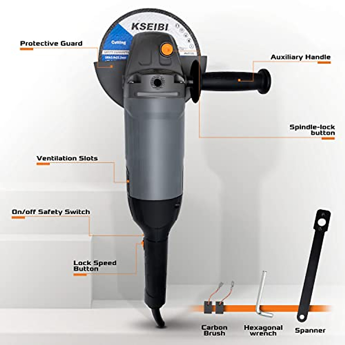 KSEIBI KWS 20-180 Angle Grinder Machine 7inch, Long Handle Grinding Tool, Powerfull 15 AMP Motor for Concrete Cutting, Grinding and Polishing