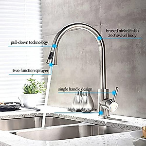 Kitchen Faucet with Pull Down Sprayer Brushed Nickel, High Arc Single Handle Kitchen Sink Faucet Without Deck Plate, Commercial Modern Stainless Steel Kitchen Sink Faucet (Brushed Nickle)