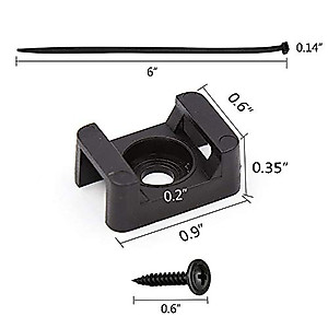 50 Pcs Black Cable Tie Base Saddle Type Mount Wire Holder, Cable Zip Ties with Self-Locking 6 Inch & 0.145 Inch,#8 x 0.6 Inch Deep Thread Pan Head Screws Black