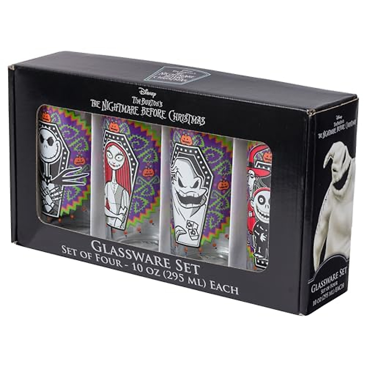 Silver Buffalo Disney Tim Burton Nightmare Before Christmas Day of the Dead Design 4 Pack Tumbler Glass Set, 10 Ounces