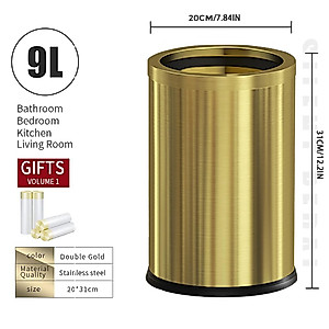 YOJIA 2.4 Gallon Elegant Round Trash Can,Open Top Waste Basket,Removable,Brushed Stainless Steel,12.8" H,Large Capacity Garbage Can,for Bathroom,Living Room,Bedroom,Cafe,Office,Buseniss (110XW Gold)