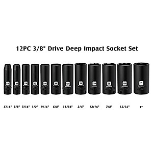 MIXPOWER 12 Pieces 3/8-Inch Drive Deep Impact Socket Set, 5/16 to 1 inch, CR-V, SAE, 6 Point, Deep, 12 Pieces 3/8" Dr. Socket