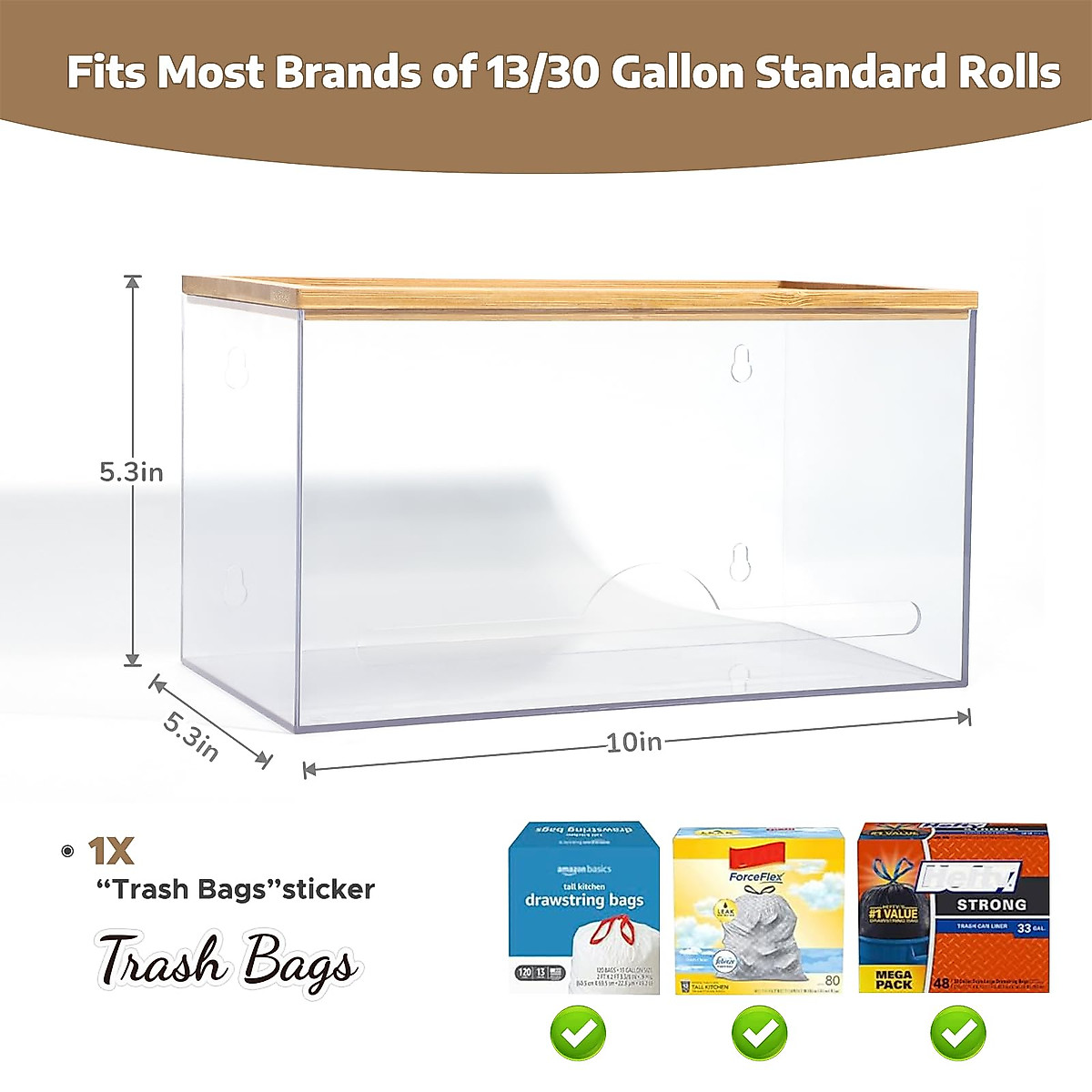 JYPS Trash Bag Holder Dispenser Organizer With Bamboo Lid, Wall Mounted, Garbage Bag Dispenser Holder, Trash Bag Dispenser Standrad Roll Holder for Kitchen Organization, Under Sink