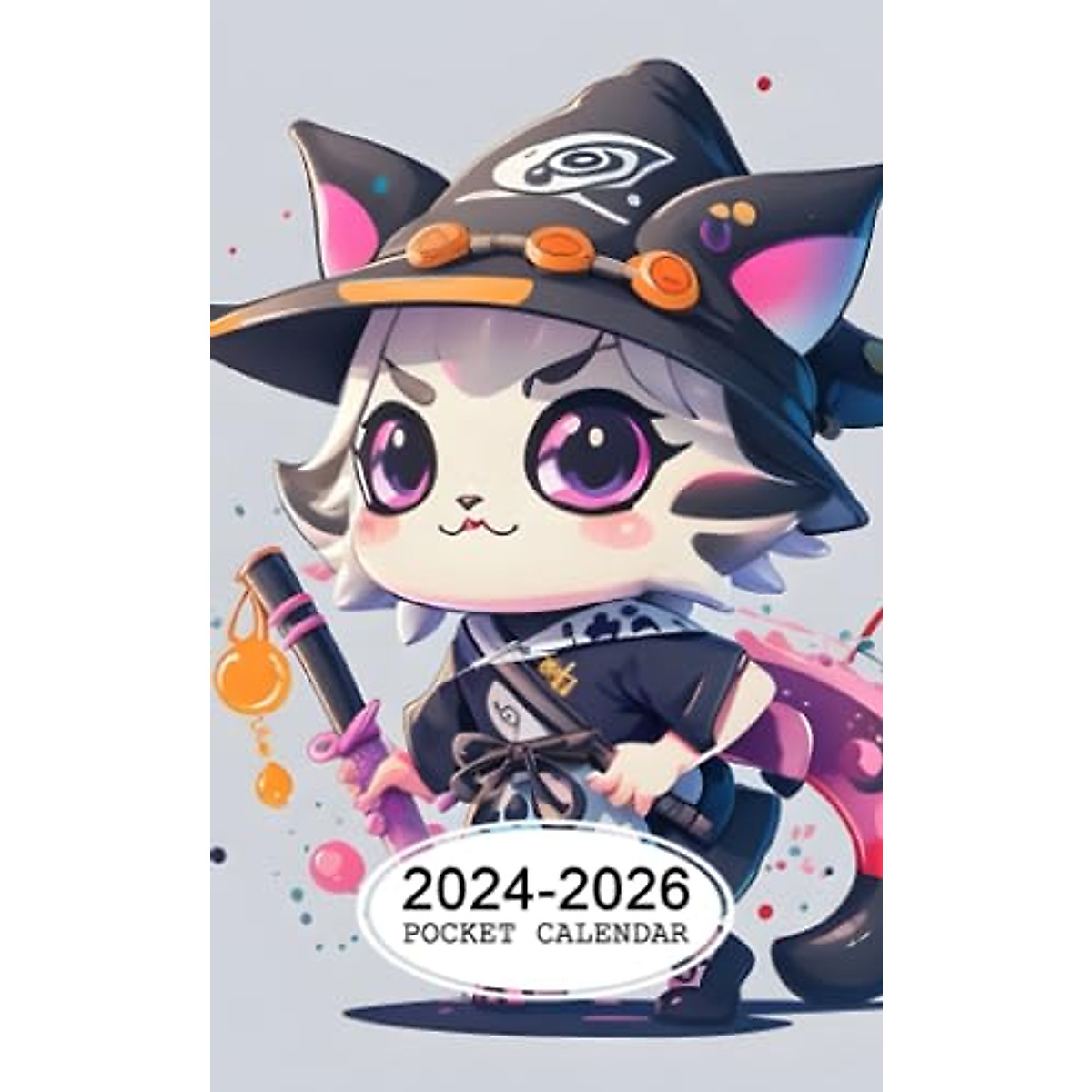 Pocket Calendar 2024-2026: Two-Year Monthly Planner for Purse , 36 Months from January 2024 to December 2026 | Samurai cat | Witch hat | Illustration ... colors | Adobe Illustrator | Detailed face