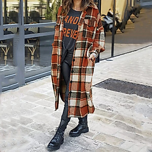 MOKINGTOP Women Flannel Shacket Plaid Print Long Sleeve Lapel Long Jackets Cardigan CoatFlannel Shirts For Women