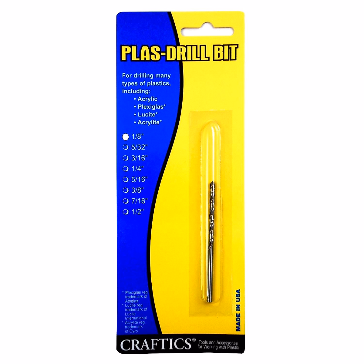 1/8" Drill Bit for Plastic (Acrylics, Plexiglas, Lexan, ABS, PVC, and more) Works with Hand Drill by Craftics