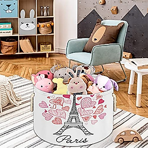 Valentine's Day Heart Eiffel Tower Large Round Baskets for Storage Laundry Baskets with Handles Blanket Storage Basket for Bathroom Shelves Bins for Organizing Nursery Hamper Girl Boy
