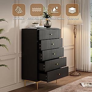 MAISONARIA 5 Drawer Dresser for Bedroom, Tall Dresser Chest of Drawers with Gold Handles, Wood Dresser Storage Cabinet for Bedroom, Black