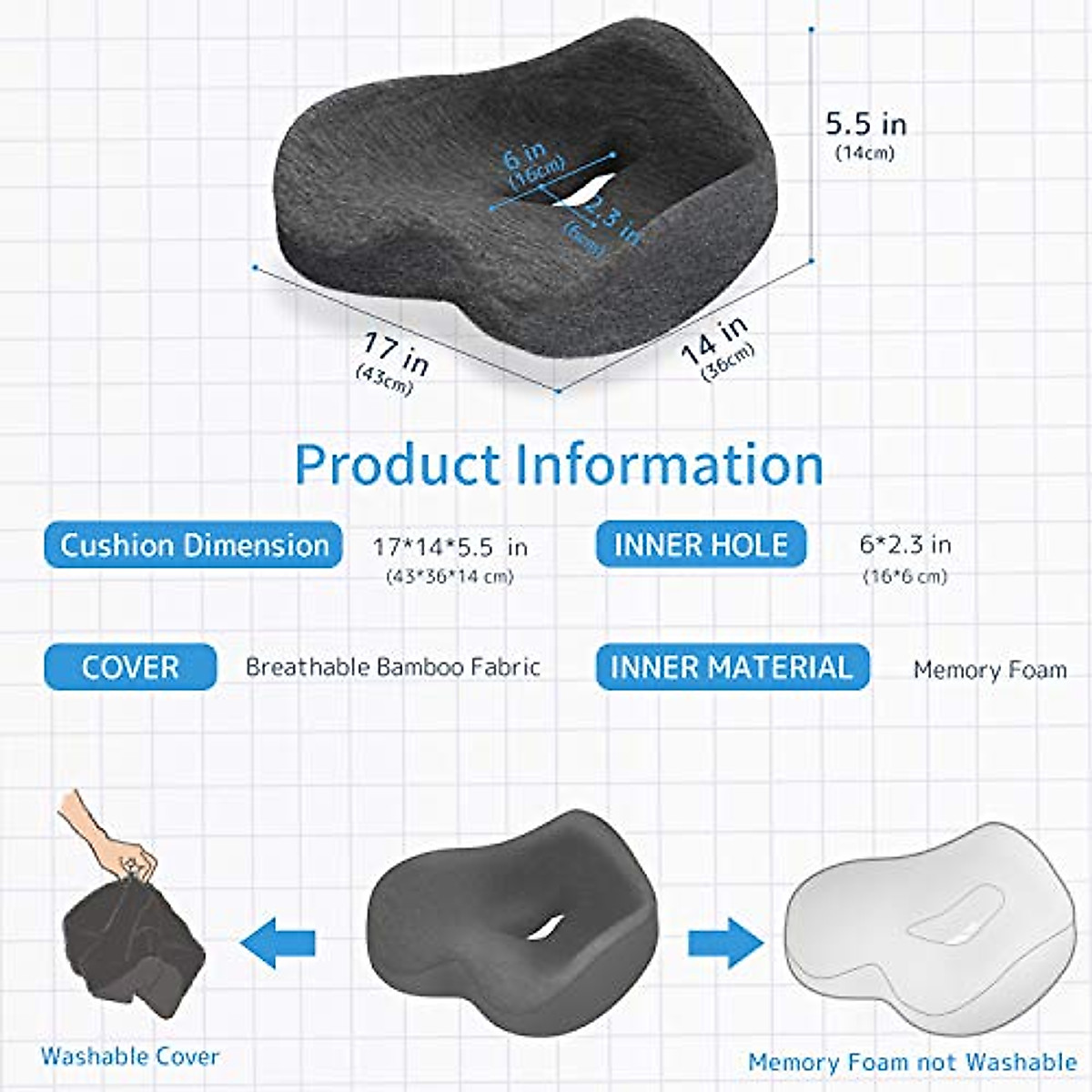 100% Memory Foam Seat Cushion for Office Chair-Coccyx seat Cushion-Pressure Relief Seat Cushion for Long Sitting Hours on Office/Home Chair, Car, Wheelchair(Gray)