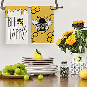 Artoid Mode Cute Bee Happy Bee Kind Summer Kitchen Towels, 18 x 26 Inch Holiday Spring Ultra Absorbent Drying Cloth Dish Towels for Cooking Baking Set of 4