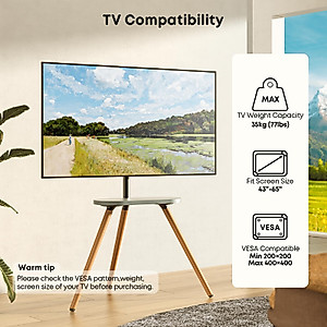 PUTORSEN Easel TV-Stand for 43-65-Inch Screens - Portable Swivel Tripod TV Stand with Wooden Tray, Height Adjustable TV Floor Stand, Max Load 77 lbs, Max VESA 400x400 mm, Black