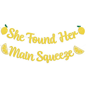 She Found Her Main Squeeze Banner - Spritz O’Clock Banner, Lemon Citrus Lemonade Theme Bridal Shower Bride to Be Wedding Engagement Bachelorette Party Supplies Gold Glitter