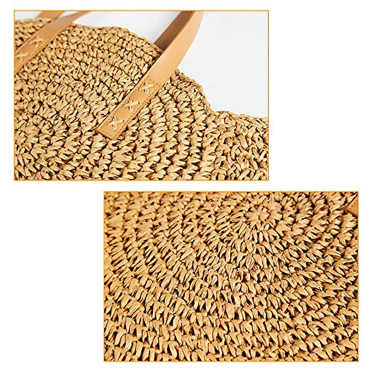 Round Straw Bag Large Woven Summer Beach Tote Handbags Handle Shoulder Bag for Women Vacation, Khaki