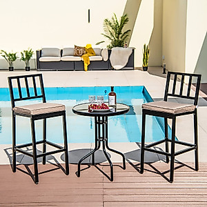 COSTWAY 4 PCS Patio Bar Chairs, Heavy-Duty Metal Frame Bar Stools, Indoor Outdoor All-Weather Resistant Barstools with Detachable Cushion & Footrest, for Patio, Garden, Poolside (4)