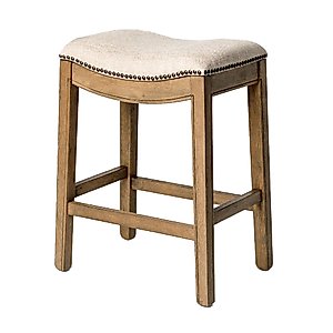 Maven Lane Adrien 26 Inch Counter Height Upholstered Backless Saddle Barstool in Natural Wood Finish with Wheat Cream Fabric Cushion Seat