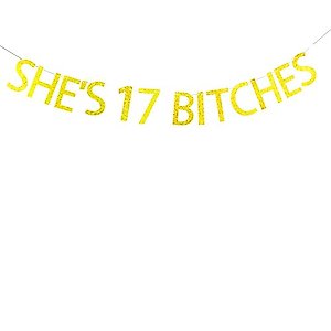 She's 17 bitches banner for 17th birthday party decorations funny hanging gold banner Risehy