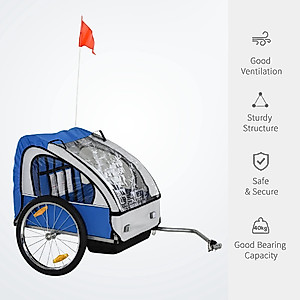 Aosom 2-Seat Child Bike Trailer for Kids with a Strong Steel Frame, 5-Point Safety Harnesses, & Comfortable Seat, Blue
