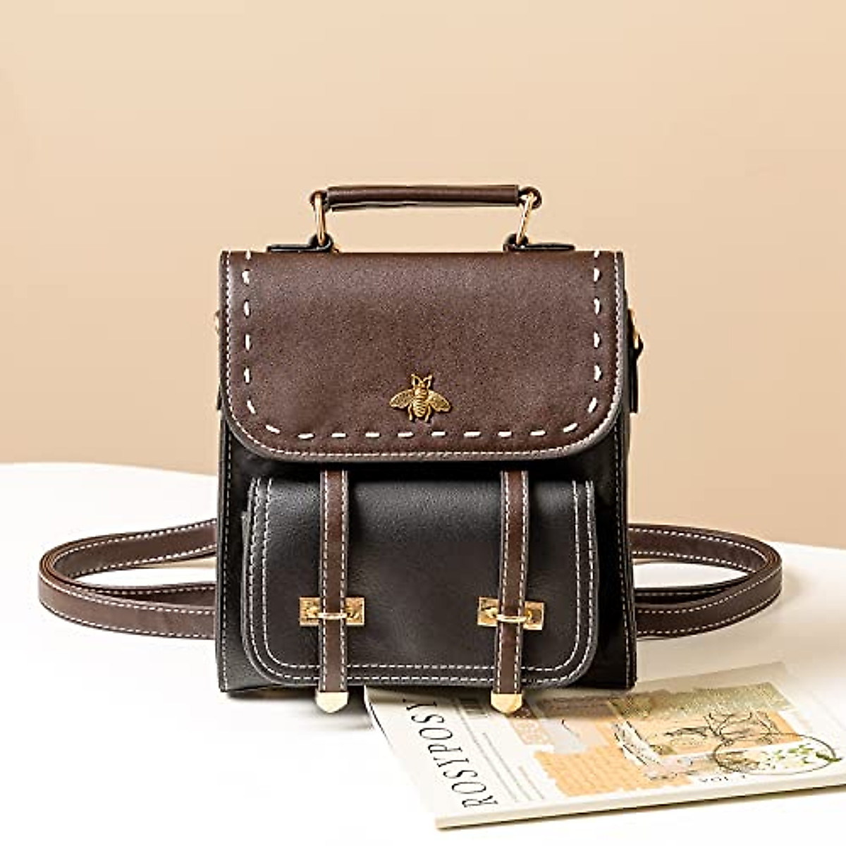 KOOIJNKO Women Small Fashion Backpack, Retro Mini Daypack Casual Satchel Purse Contrast Color Design, Black