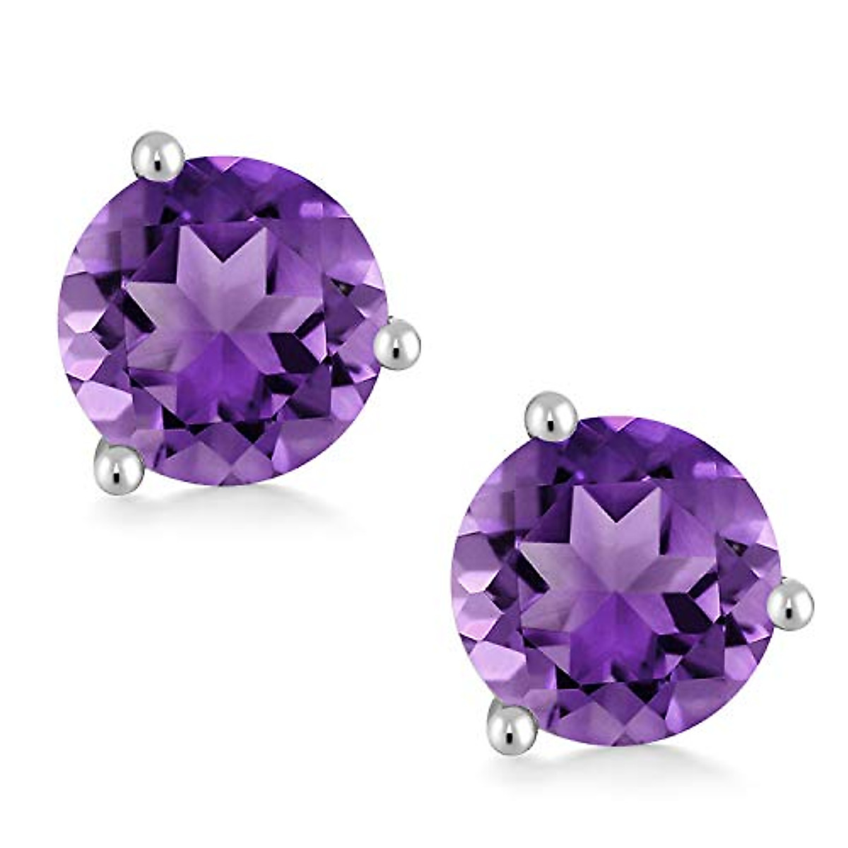 Gem Stone King 18K White Gold Purple Amethyst 3-Prong Martini Stud Earrings For Women (2.00 Cttw, Gemstone Birthstone, Round 6MM)