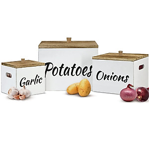 Potato and Onion Storage Bin Set of 3, Farmhouse Kitchen Storage Container Set for Potato Onion Garlic, Wood Potato Storage with Lid, Onion Storage Garlic Keeper, Potato Box, Onion and Potato Storage