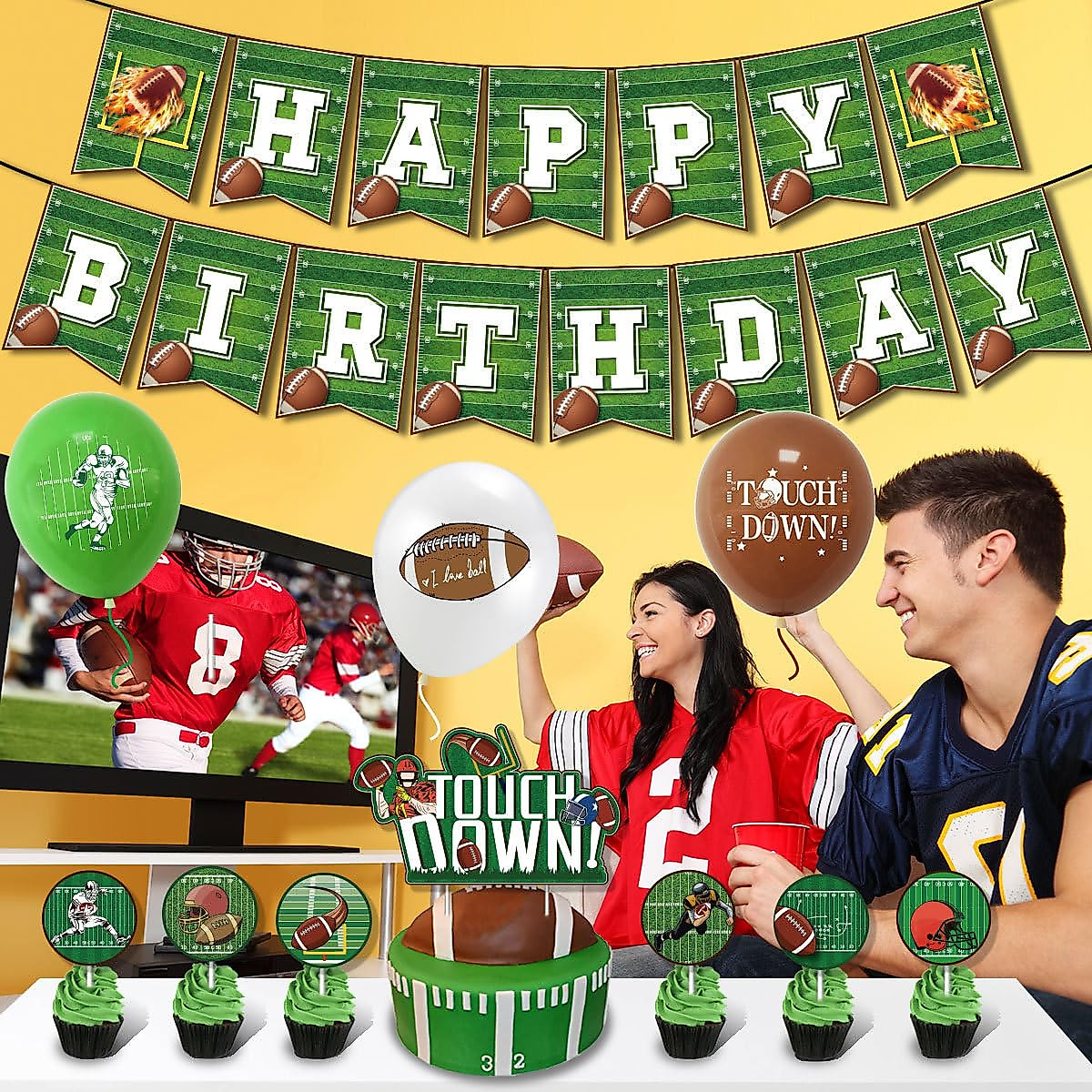 39 Pcs Football Birthday Party Decorations Pack, Super Bowl Party Supplies, Set Include Football Birthday Banner, Football Balloons, Cake Toppers, and More for Football Sports Party