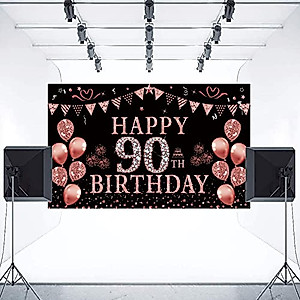 Trgowaul 90th Birthday Decorations Rose Gold 90 Year Old Birthday Backdrop Banner for Women Happy 90th Birthday Party Suppiles Photography Supplies Background Happy 90th Birthday Decoration