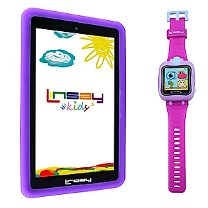 LINSAY® 7" Kids Funny Tablet Purple 64GB Android 12 Wi-Fi with 1.5" Kids Smartwatch 90 Degree Selfie Camera Pink