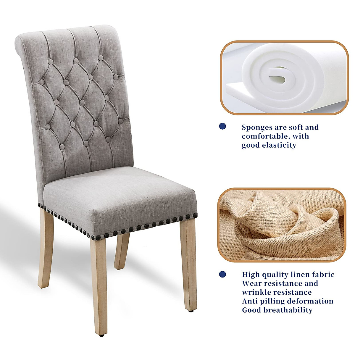 Restworld Fabric Dining Chairs Set of 2,Tufted Upholstered High Back Nailed Trim with Untique Oak Wood Legs for Kitchen Restaurant Room