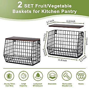 2 Tier Fruit Bowl Fruit Basket for Kitchen Counter Stackable Wall Mounted Hanging Basket Wire Baskets with Wood Lid with 4 Banana Hanger Hooks, Onion Basket, Fruit and Vegetable Storage