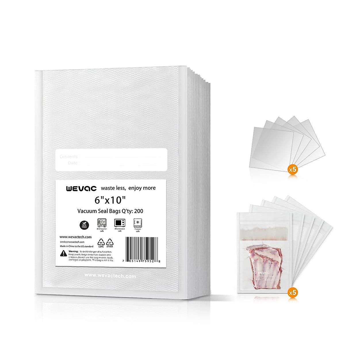 6" x 10" Precut Vacuum Sealer Bags, 200 Count, Includes 5 Liquid Block Bags & 5 Bone Guard Pieces, Heavy Duty for Food Storage, Sous Vide & Meal Prep, Wevac