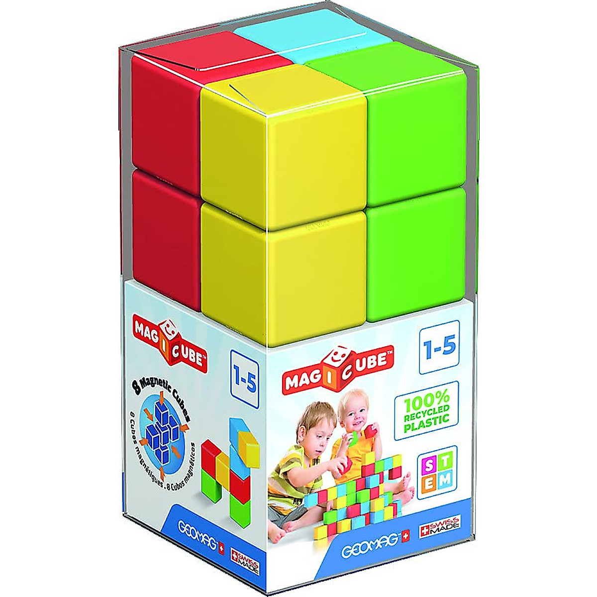 Geomag Premium Swiss-Made MagiCube 8-Piece Magnetic Stacking Cubes Building Set, Toddlers & Kids Ages 1-5, STEM Educational Toy, Creativity, Imagination, Early Learning Fun, Crystal Packaging