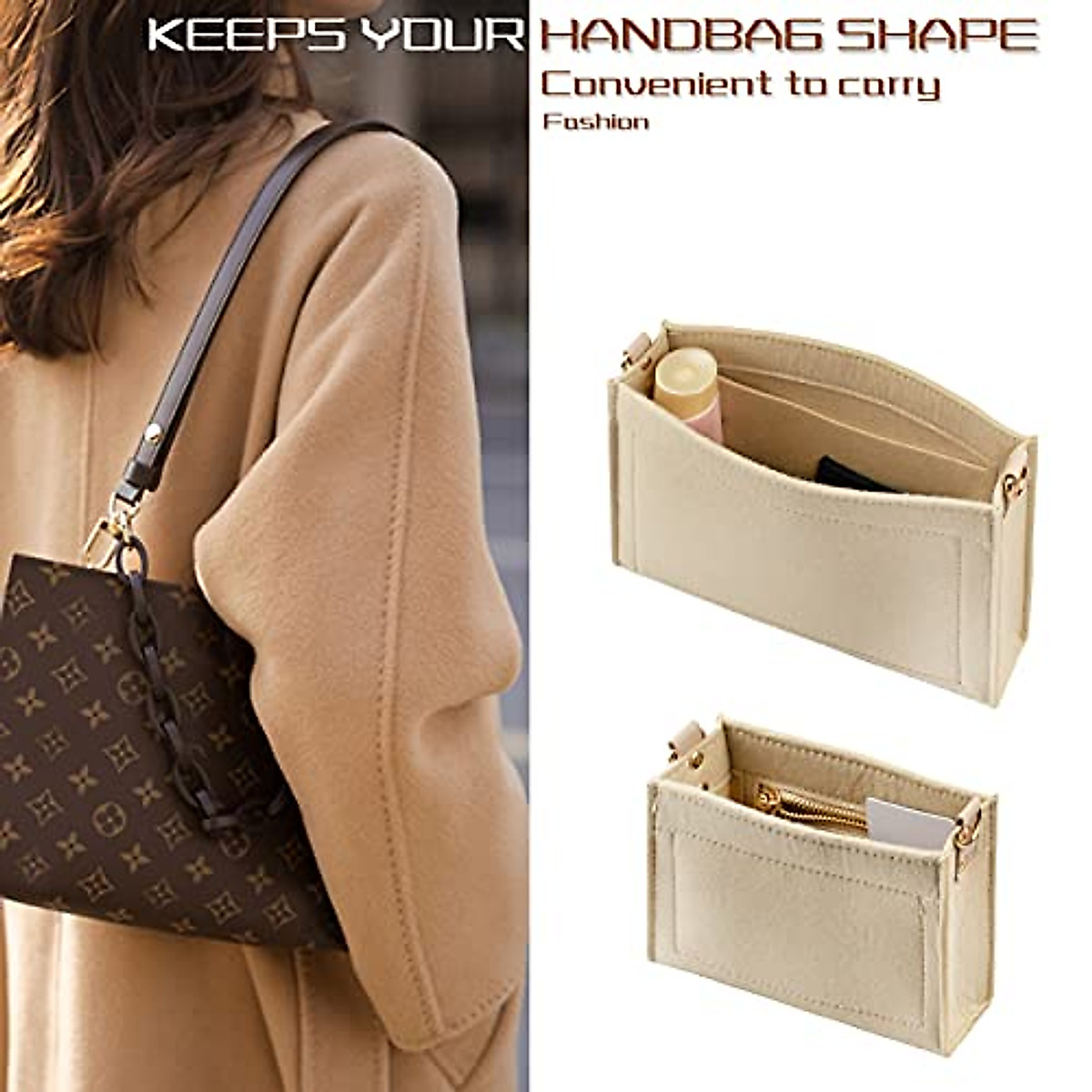 EsLuker.ly 2Pcs Felt Purse Organizer Insert with Zipper, Premium Microfiber Handbag Shaper Tote Bag Organiser Insert Fit Toiletry Pouch 26 19 - Large&Small, Khaki