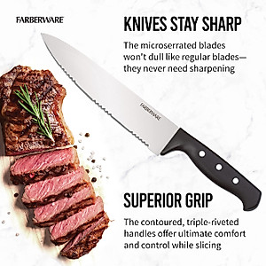 Farberware 22-Piece Never Needs Sharpening Triple Rivet High-Carbon Stainless Steel Knife Block and Kitchen Tool Set, Black