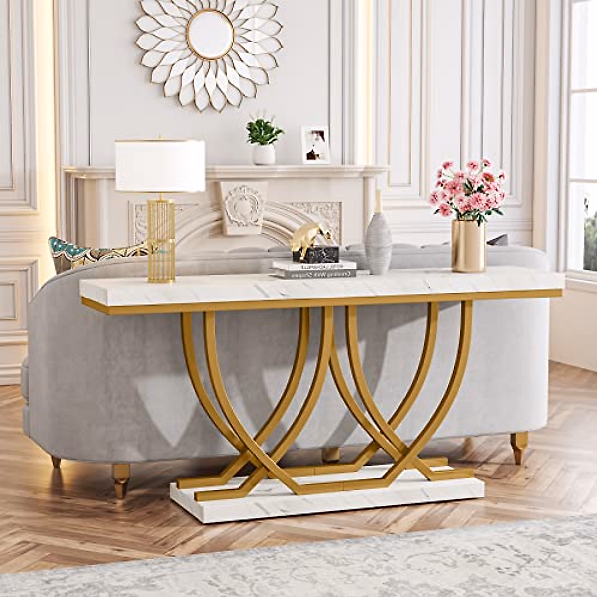 Tribesigns 59 Inch Modern Console Table, Faux Marble Entryway Table Gold Sofa Table Behind The Couch, Luxury Hallway Table Accent Table for Living Room, Entrance, Foyer, White and Gold