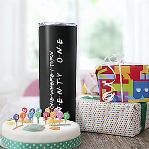 21st Birthday Gifts For Her 21st Birthday Decorations For Her 20 OZ Black Skinny Wine Tumbler Turn 21 Travel Cup With Lid Straw Happy 21 Year Old Bday Presents For 2003 Born Women Girls Female
