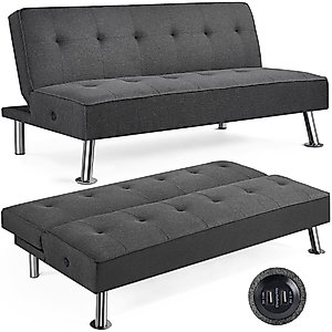 Topeakmart Fabric Futon Sofa, Convertible Futon Bed, Folding Couch, Sectional Sleeper Sofa for Small Space with USB Ports, Folding Sofa for Compact Living Space, Apartment, Office, Living Room Gray