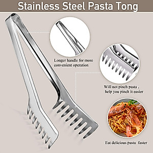 Patelai 2 Pcs Stainless Steel Pasta Spoon with Teeth Large Spaghetti Spoon Utensil, 9.4'' Pasta Tong and 13.6'' Pasta Fork with Vacuum Handle, Comfortable Grip Design Spoons for Kitchen(Silver)