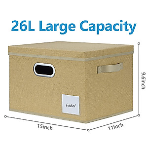 LHZK Large Storage Bins with Lids, Linen Fabric Storage Boxes with Lids for Organizing 15x11x9.6, Storage Baskets with Label & 3 Handles, Closet Storage Bins for Home Office (Black, 3-Pack)
