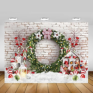 Mocsicka Christmas Photography Backdrop Xmas Candyland White Brick Wall Background Christmas Candy Canes Xmas Wreath Background for Kids Photo Booth Props (7x5ft (82x60 inch))