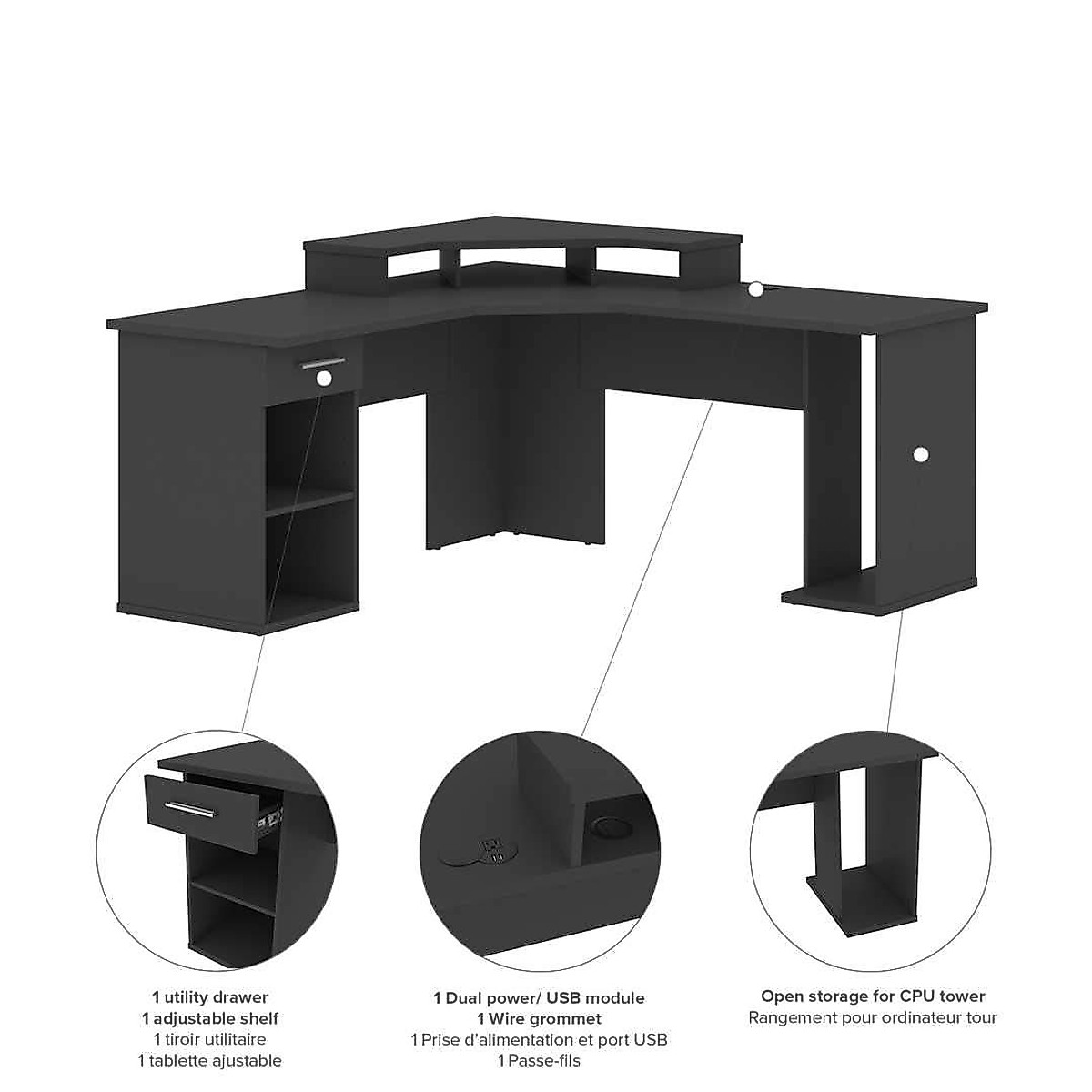 Bestar Hampton L-Shaped Corner Gaming Desk, 66W, Graphite