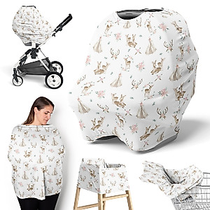 Sweet Jojo Designs Woodland Deer Floral Girl Infant Baby Car Seat Cover Nursing Breastfeeding Shopping Cart Stroller Canopy Blush Pink Mint Green Boho Watercolor Bohemian Forest Animal Shabby Chic