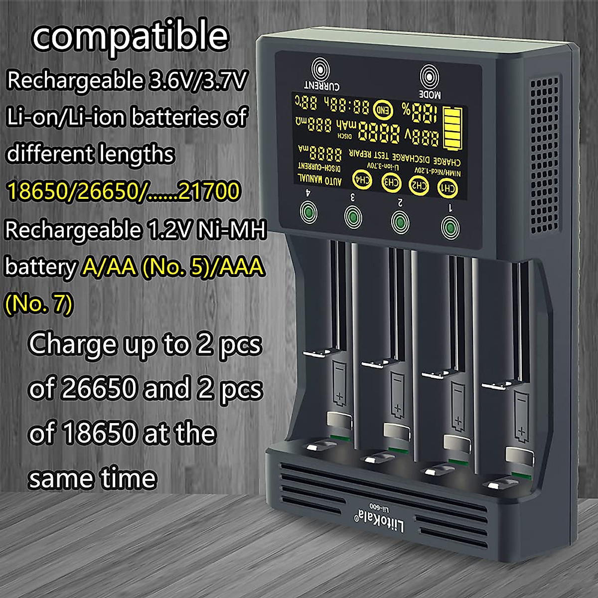 icover Universal Smart Battery Charger, LiitoKala lii-600 LCD Display 4 Slots Smart Charger Li-ion 3.7V NiMH 1.2V for Rechargeable Batteries 18650 26650 16340 14500 + Car Charger