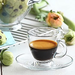 GURUDAR Espresso Cups with Saucers and Spoons Set of 6, Glass Demitasse Cups for Cappuccino Latte Café Mocha Tea and More Beverage, 3.2OZ/95ML, Clear