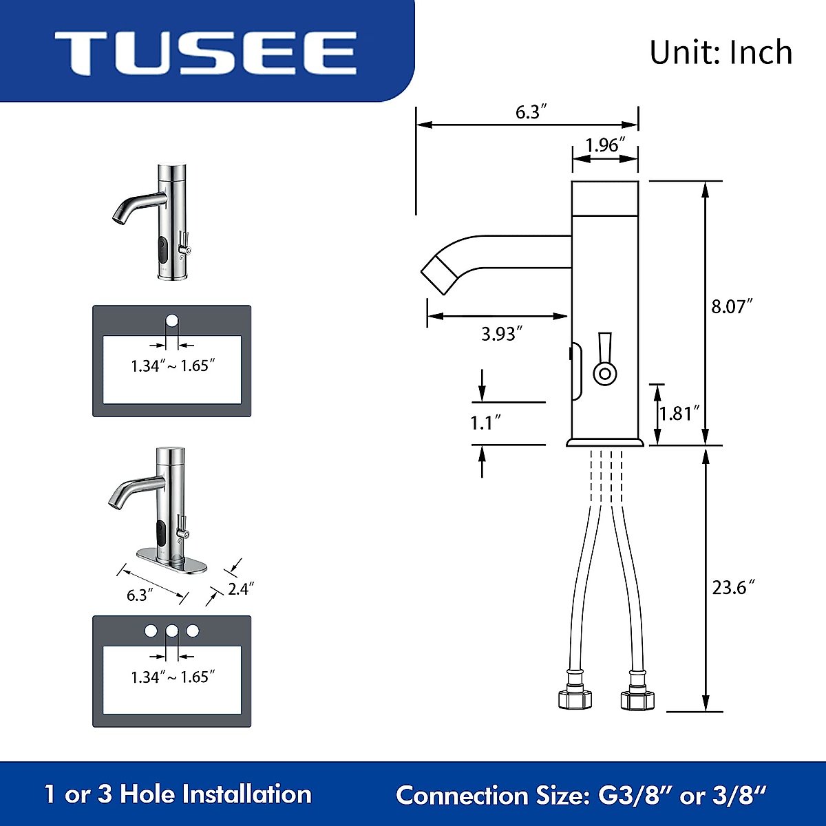 TUSEE Manual and Automatic Faucet, Touchless Bathroom Faucet with One Temperature Control Rod, Chrome, TS-5303C