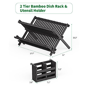 VOPOG Dish Drying Rack, 2 Tier Bamboo Dish Drying Rack with Utensil Holder, Collapsible Dish Rack Foldable Plate Organizer Holder Dish Drainer Set for Kitchen Countertop-Black