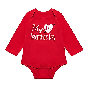 Auggle Baby Boys Girls My First Valentine's Day Romper Infant Long Sleeve Cute Outfit Clothes Set (Red, 3-6 Months)