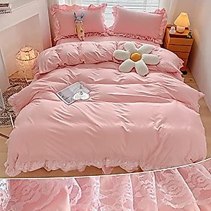 MOOWOO Chic Ruffle Lace Polyester Duvet Cover Set -Girl Pink Bedding-3 Piece Full Duvet Cover with Zipper Closure -Ultra Soft and Light Weight (Pink, Full)