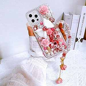 redecarie for Samsung Galaxy S9 Plus Diamond Case,Bling Glitter Luxury Crystal Rhinestone Cute Bow Flowers Pearl 3D Handmade Protective Phone Cover for Women Girls Kids with Bracelet Lanyard